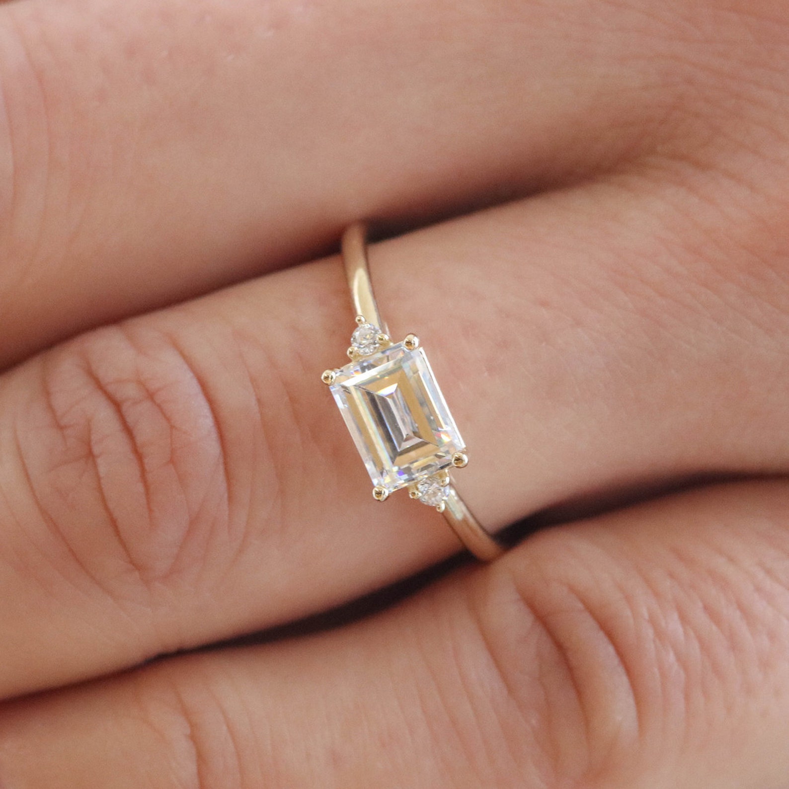 East West Engagement Ring 1 65ctw Emerald Cut Moissanite Etsy