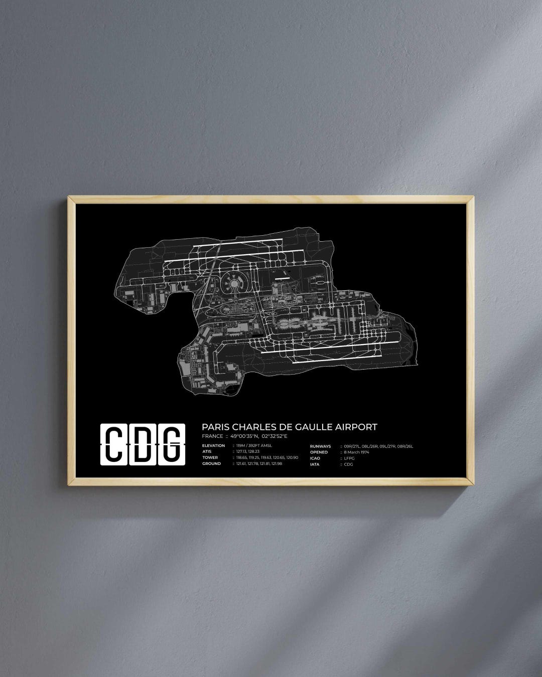 CDG Paris Charles De Gaulle Airport Map Black Paris Airport Gift for ...