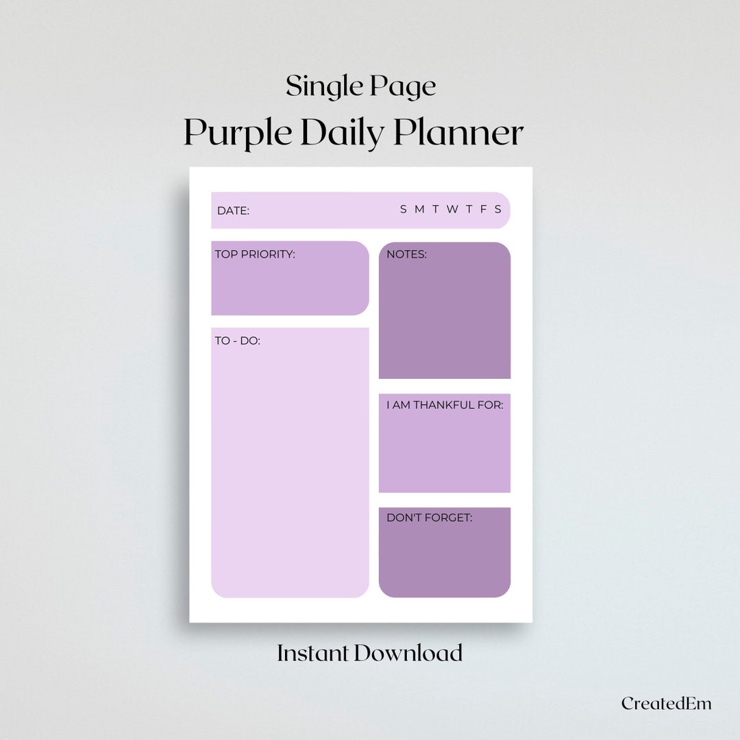Purple Undated Daily Planner Single Page PDF Instant Download Digital ...