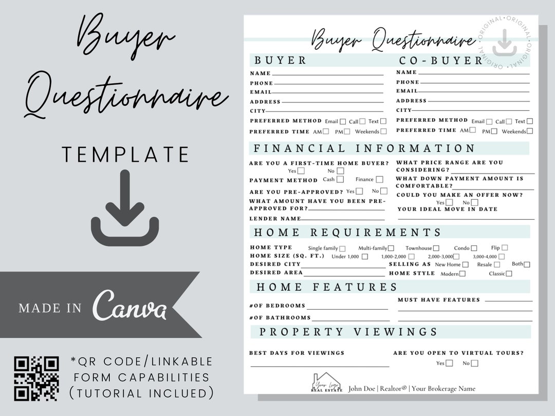 Buyer Questionnaire Template (real Estate) - Editable - Etsy