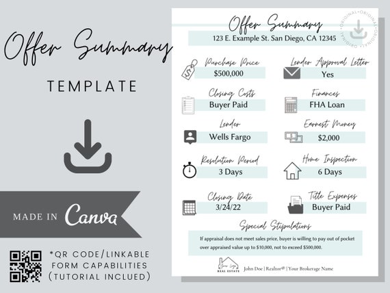 Offer Summary Template real Estate Editable - Etsy