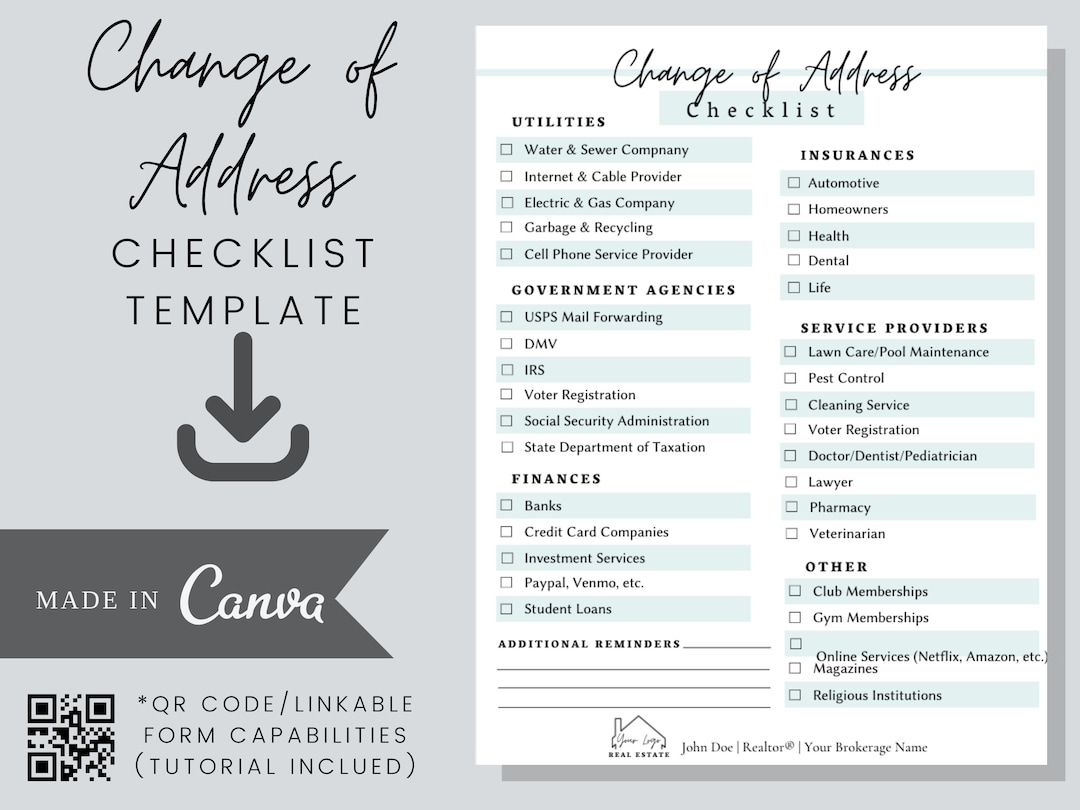 Change of Address Checklist Template (real Estate) - Editable - Etsy