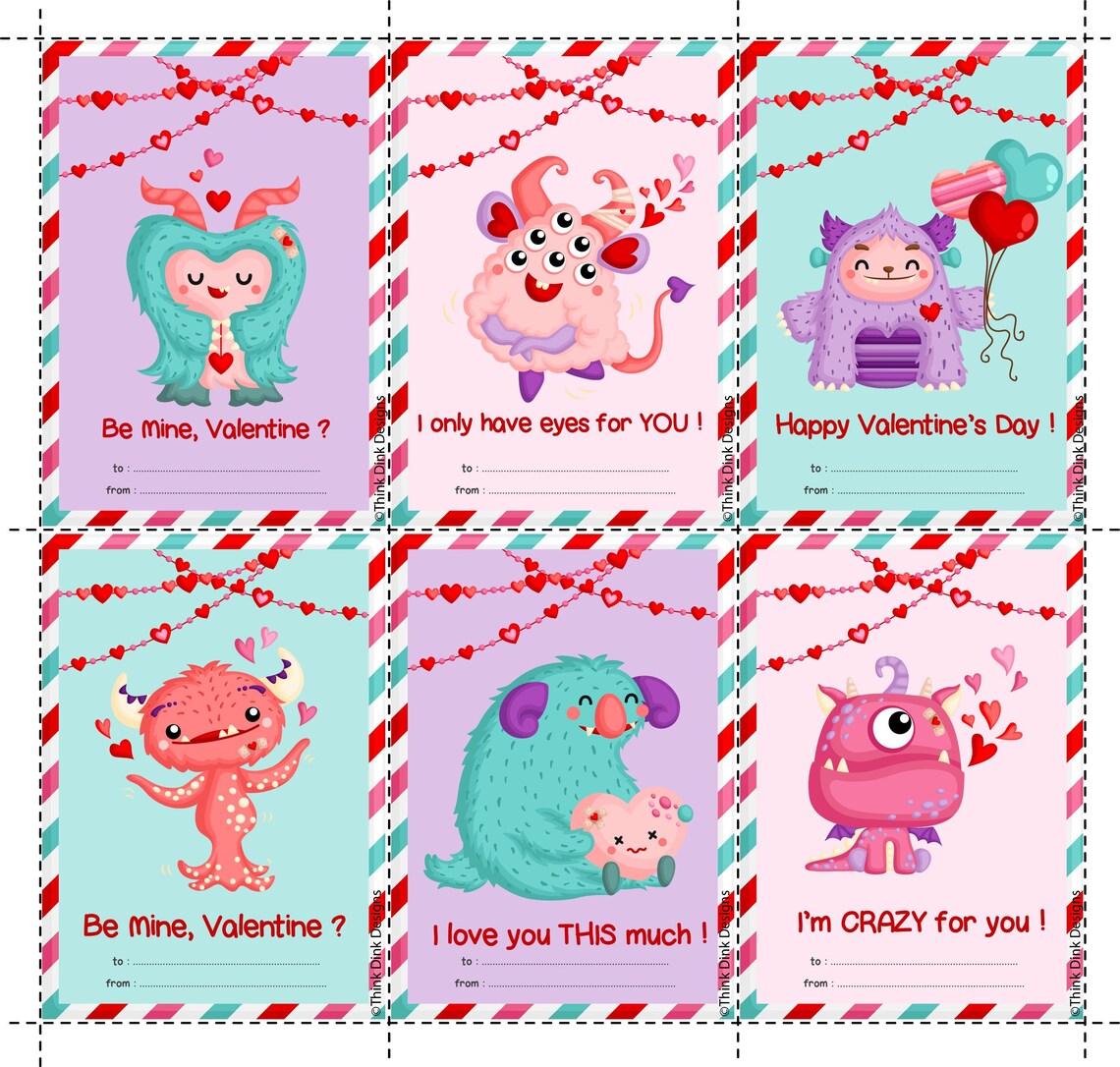 Monster Valentine Cards, Printable Valentines, Instant Download ...