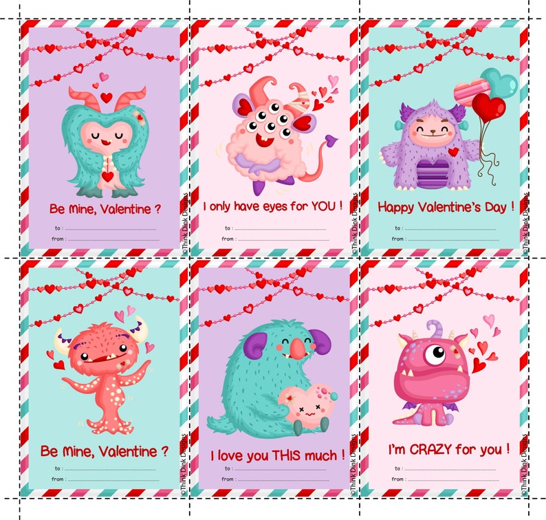 Monster Valentine Cards, Printable Valentines, Instant Download ...
