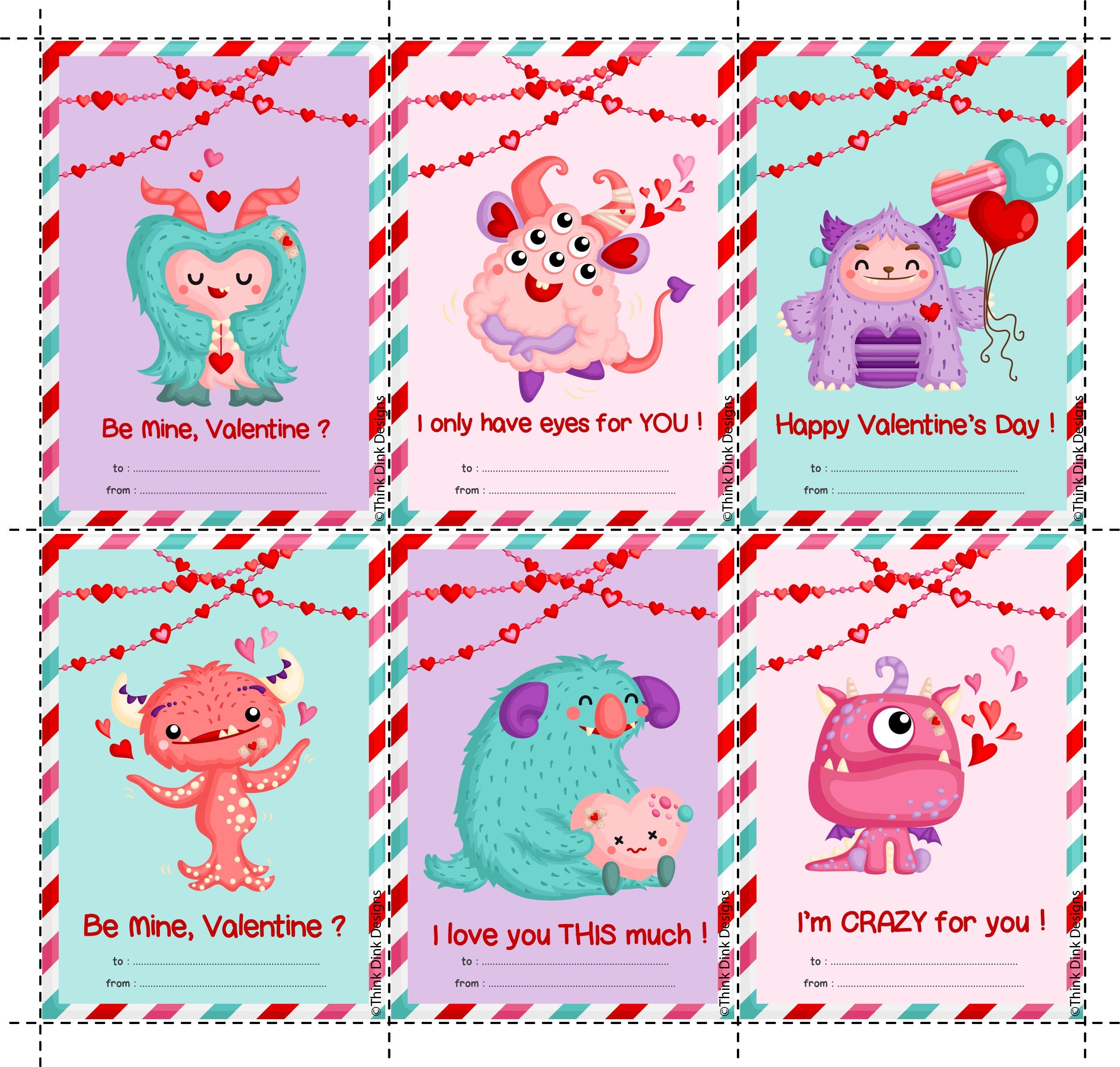 Monster Valentine Cards, Printable Valentines, Instant Download ...