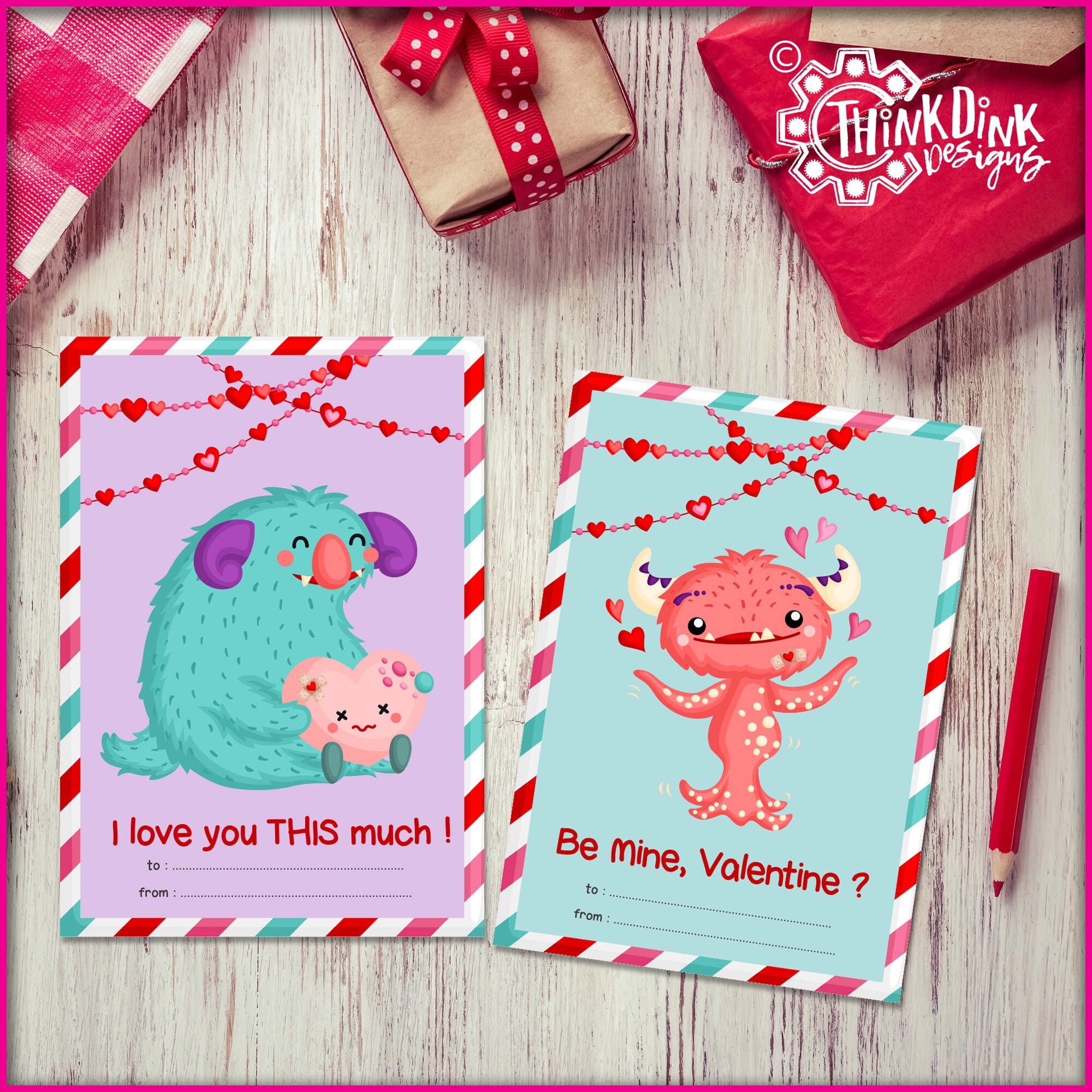 Monster Valentine Cards, Printable Valentines, Instant Download ...