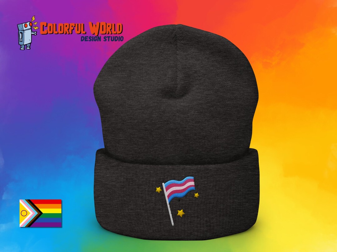 Embroidered Transgender Pride Flag Beanie - Cuffed Acrylic Pride Hat - Etsy