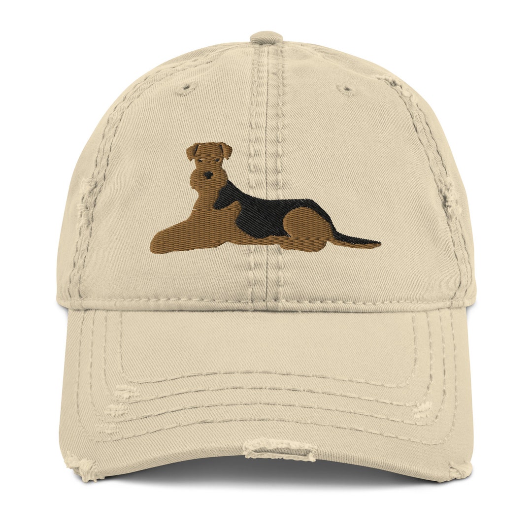 Airedale Distressed Hat | Fun Dog Embriodered Distressed Dad Cap | Gift ...