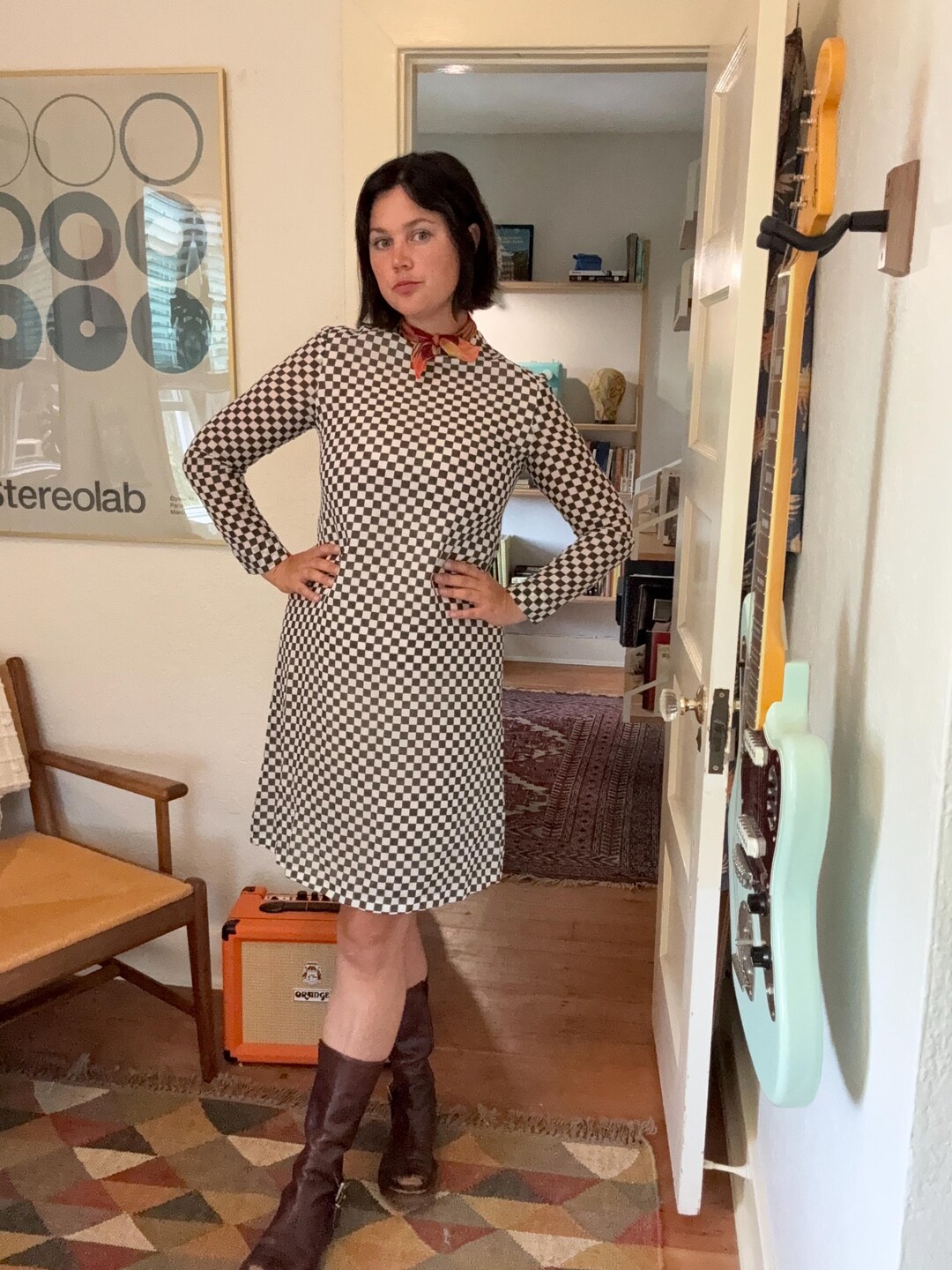 1960s Vintage Mod Checker Dress With Semi-sheer Sleeves - Etsy
