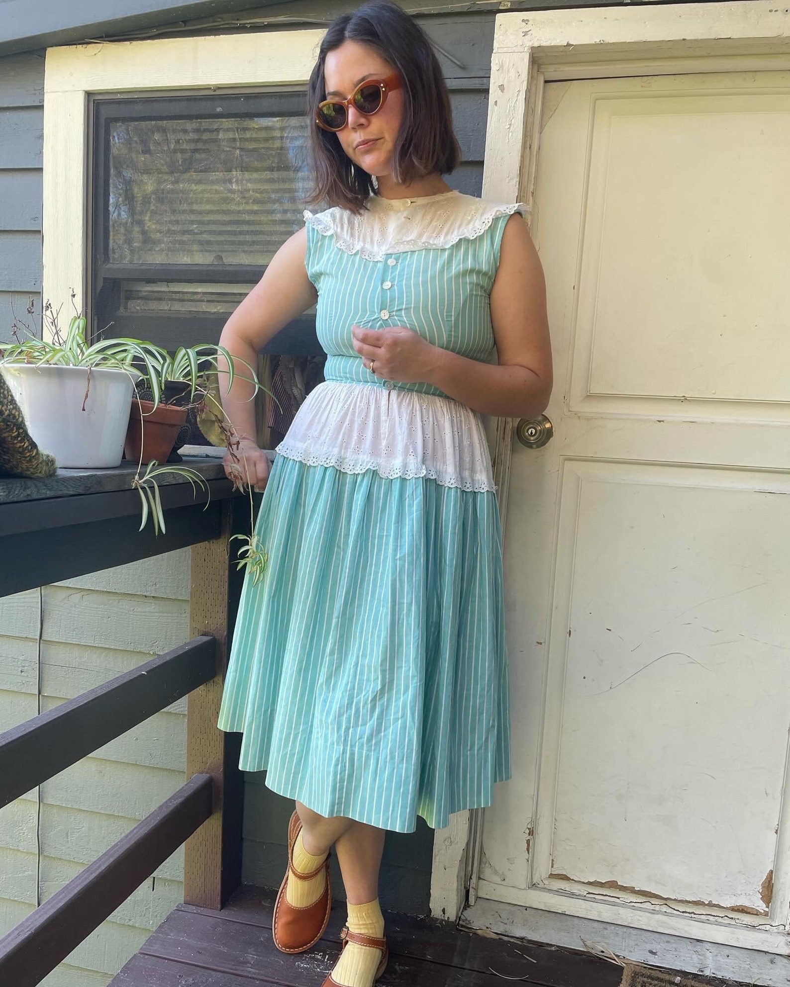 1930s 1940s Vintage Cotton Striped and Eyelet Lace Sundress - Etsy