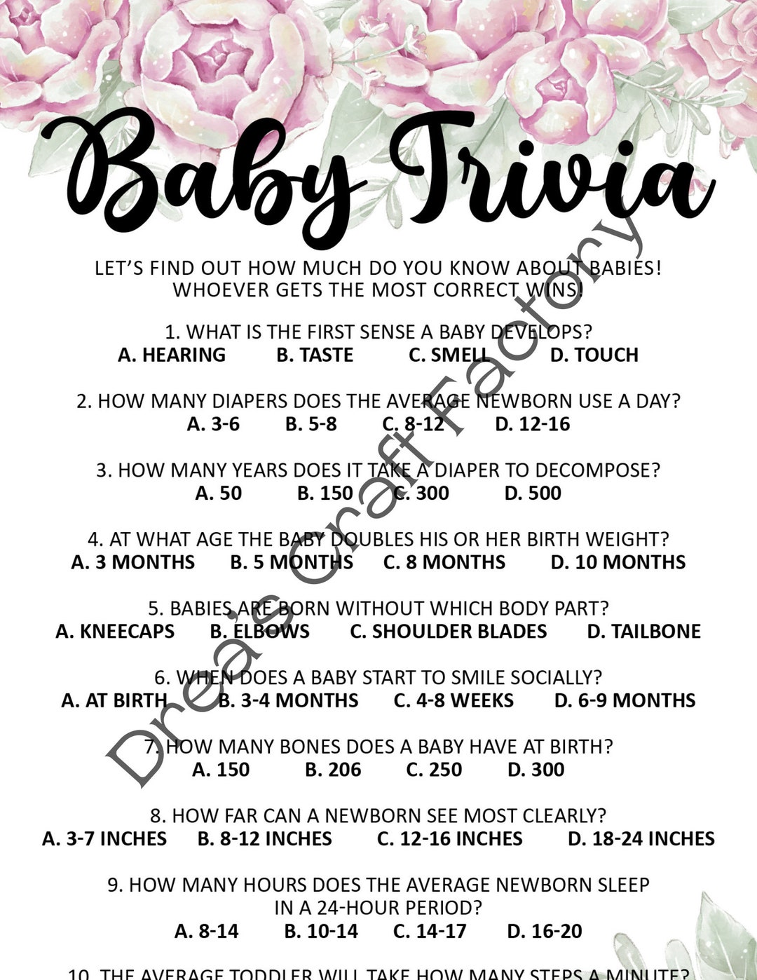 Baby Trivia Shower Games- Rose Party Game Digital Download - Etsy
