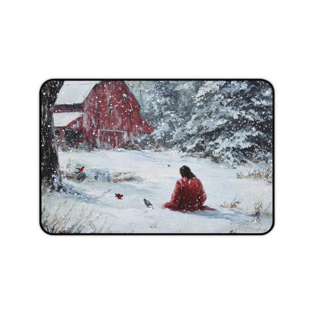 Jesus Winter Barn Scene Desk Mat | Jesus in Snowy Field, Cardinals - Etsy