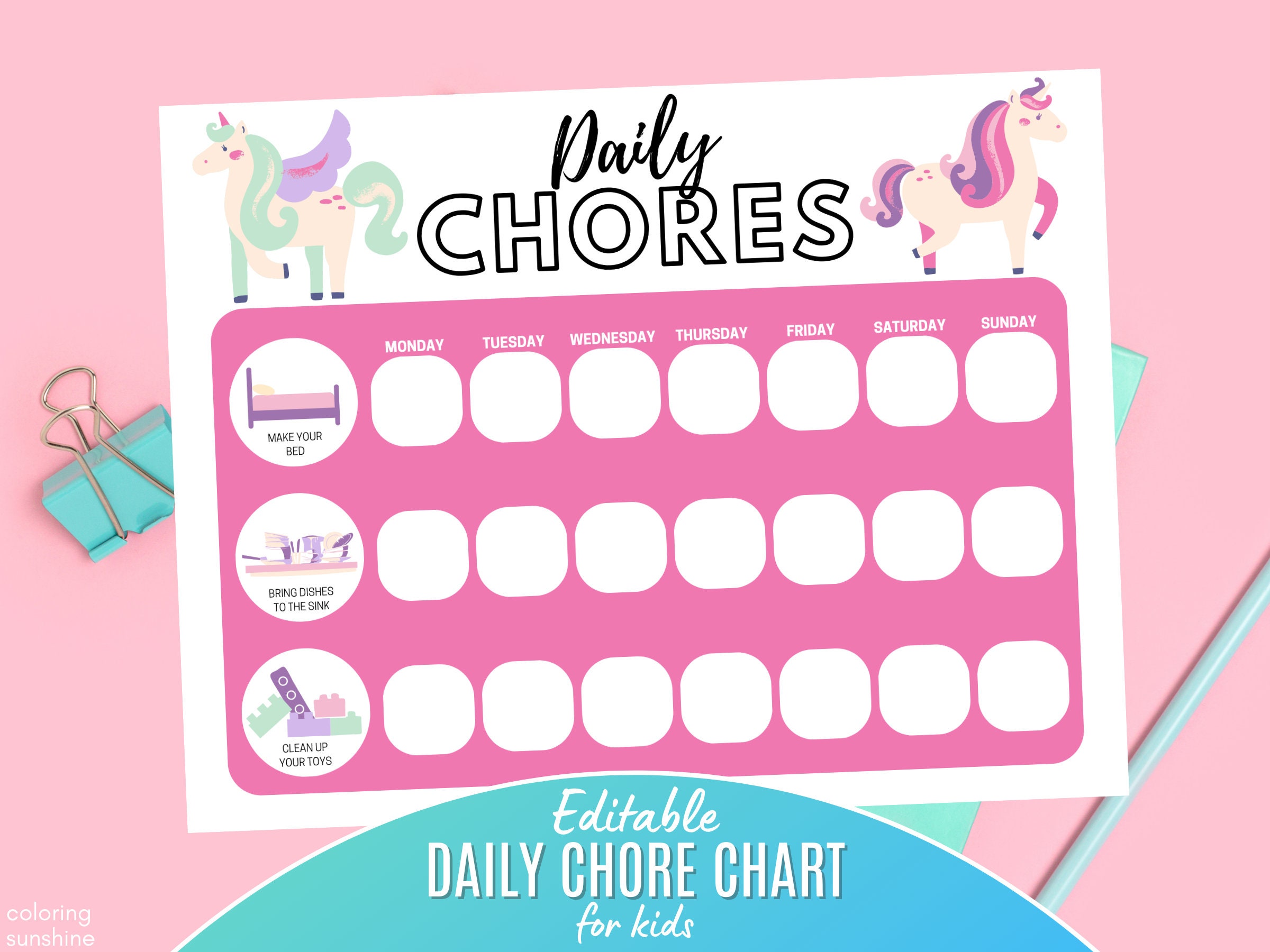 Kids' Chore Chart With Unicorn Theme | Toddler Printable (digital ...
