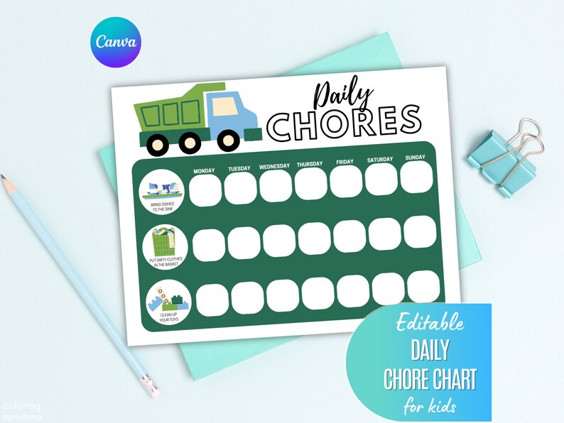 Truck Theme Chore Chart for Toddlers | Editable Printable (PDF) - Etsy
