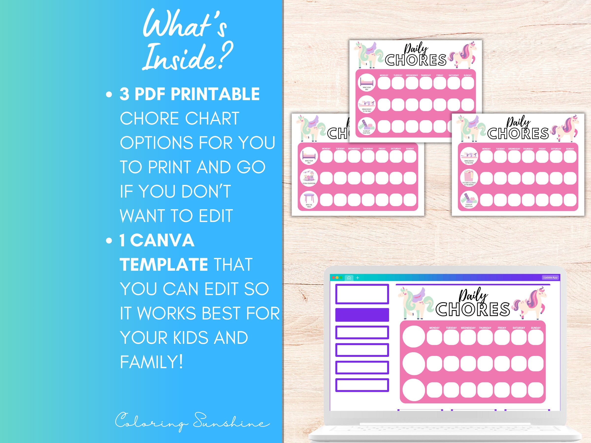 Kids' Chore Chart With Unicorn Theme | Toddler Printable (digital ...