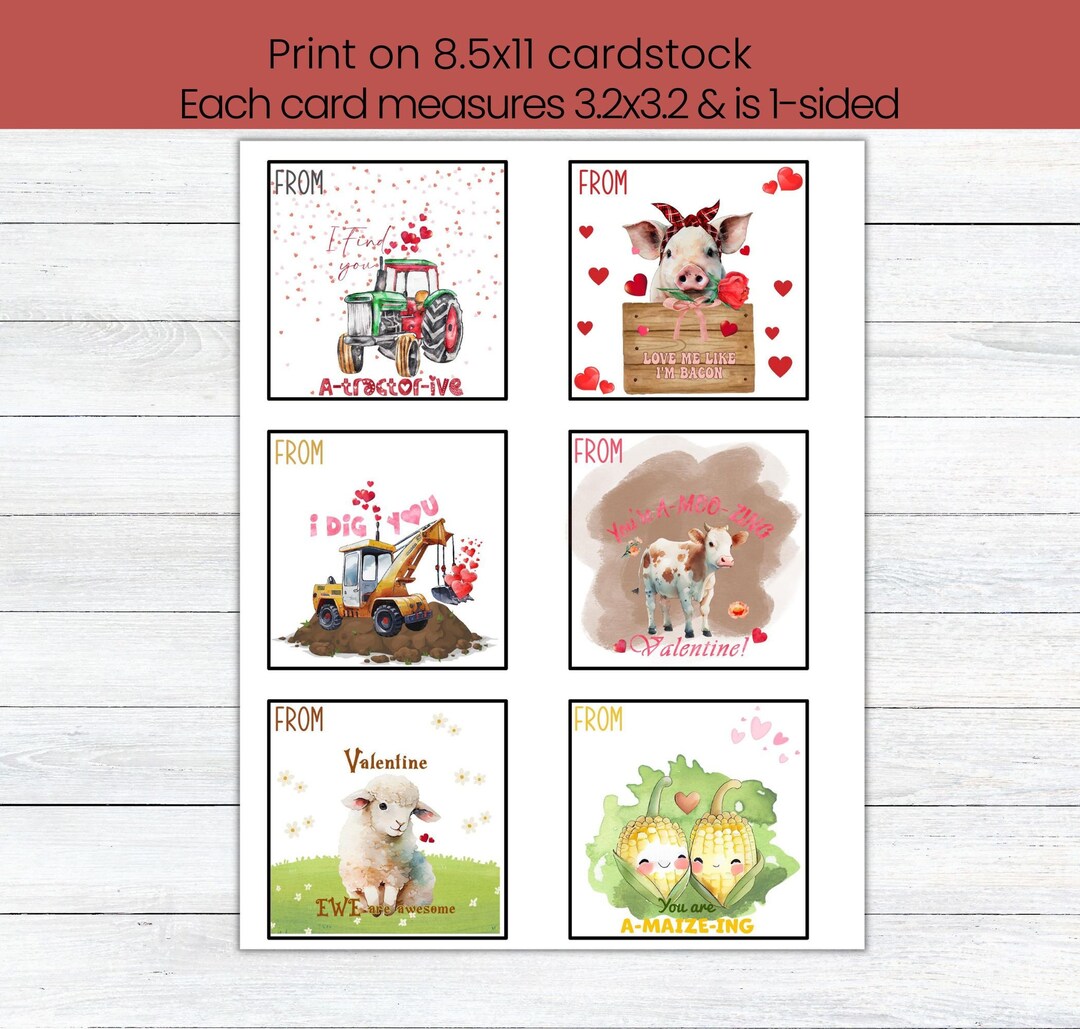 Farm Animal Valentines for School, Tractor Valentines for Kids ...