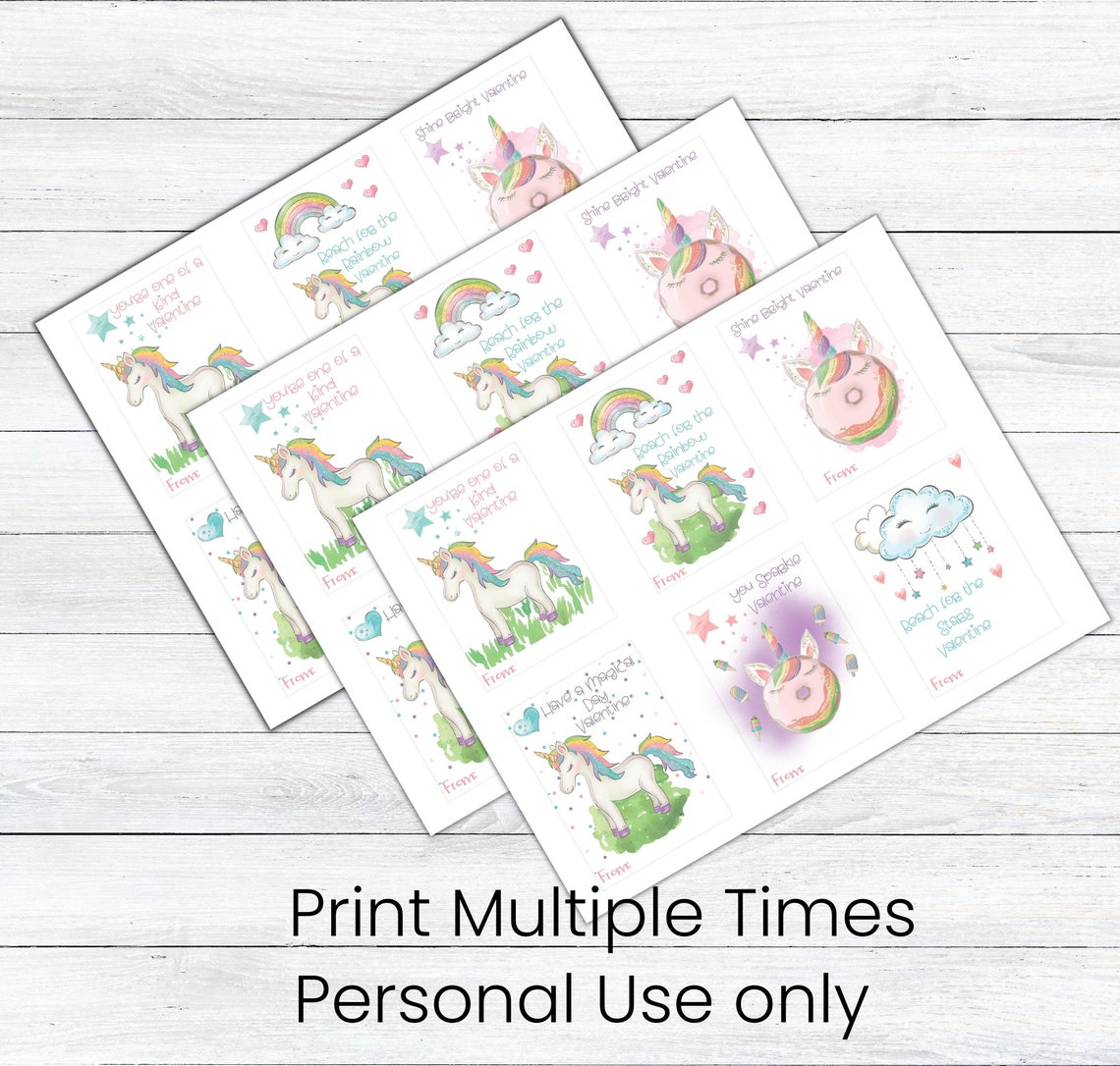 Unicorn Valentine Cards, Printable Valentine's Day Cards for Class ...