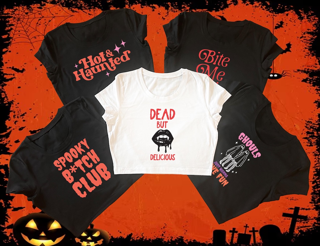 Halloween Graphics Crop Top | Halloween Design Fitted Tee | Spooky ...