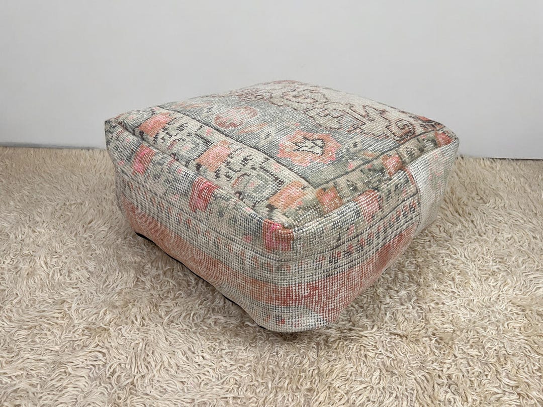 Turkish Pouf 24x24x8, Moroccan Kilim Pouf, Vintage Pouf, Footstool ...
