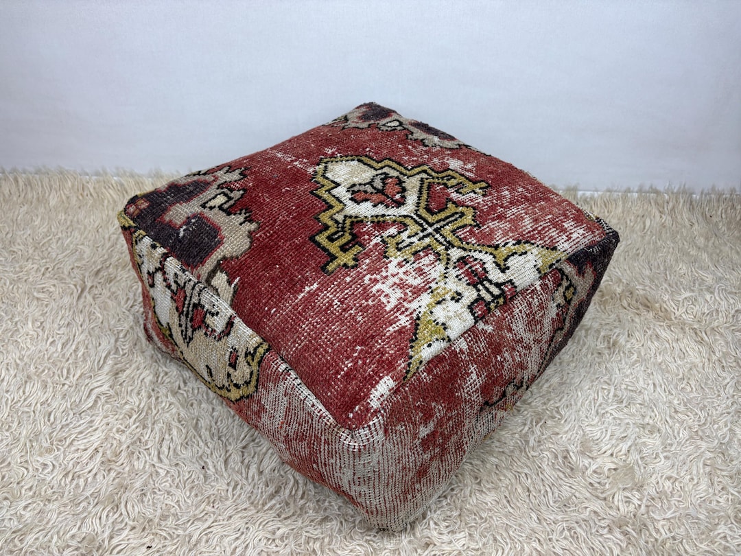 Turkish Pouf 20x20x8, Moroccan Kilim Pouf, Rug Floor Cushion, Yoga ...