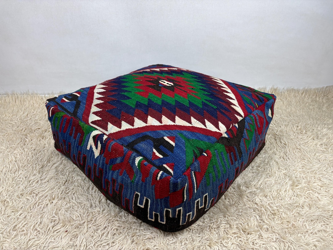 Turkish Pouf 24x24x8, Moroccan Kilim Pouf, Vintage Pouf, Footstool ...
