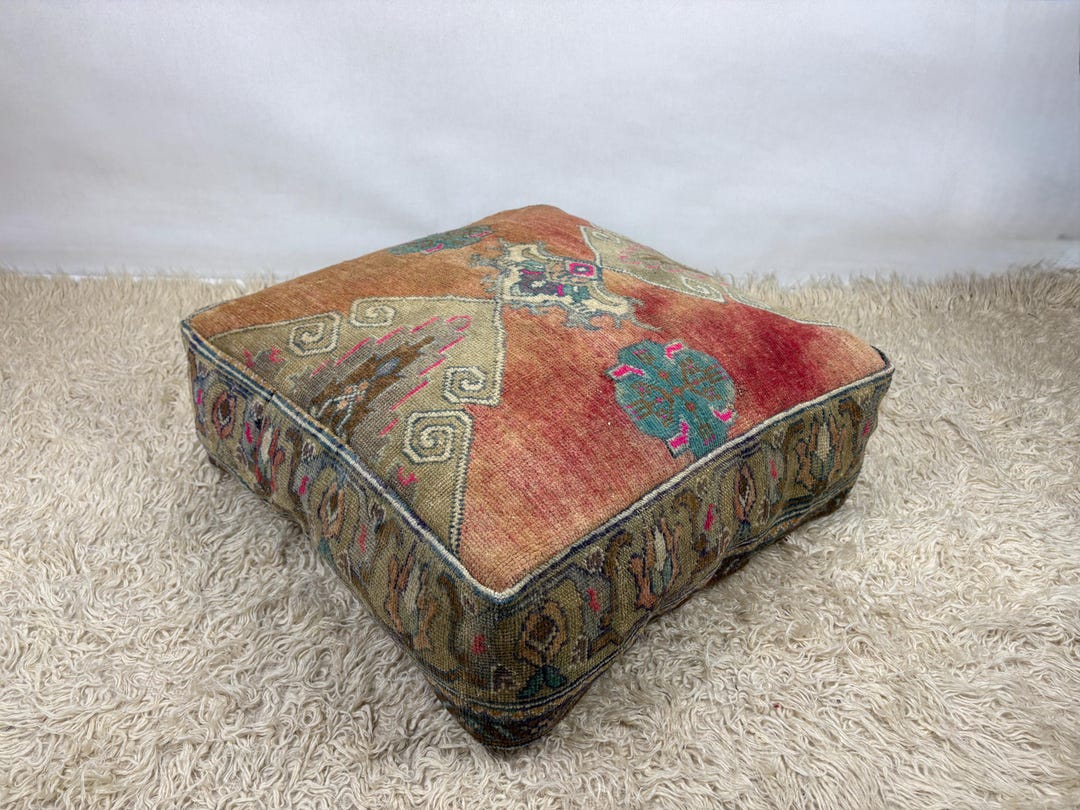 Turkish Pouf 24x24x8, Vintage Kilim Pouf, Square Poof, Moroccan Kilim ...