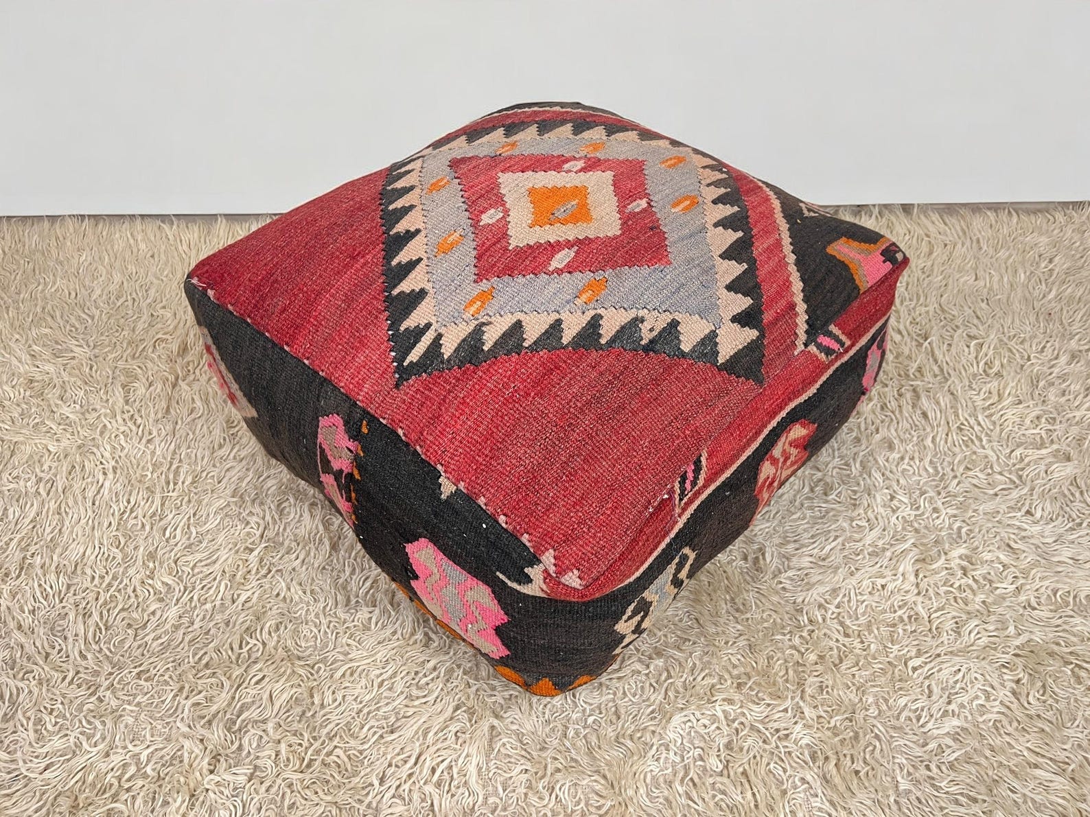 Turkish Pouf 24x24x8, Vintage Kilim Pouf, Square Poof, Moroccan Kilim ...