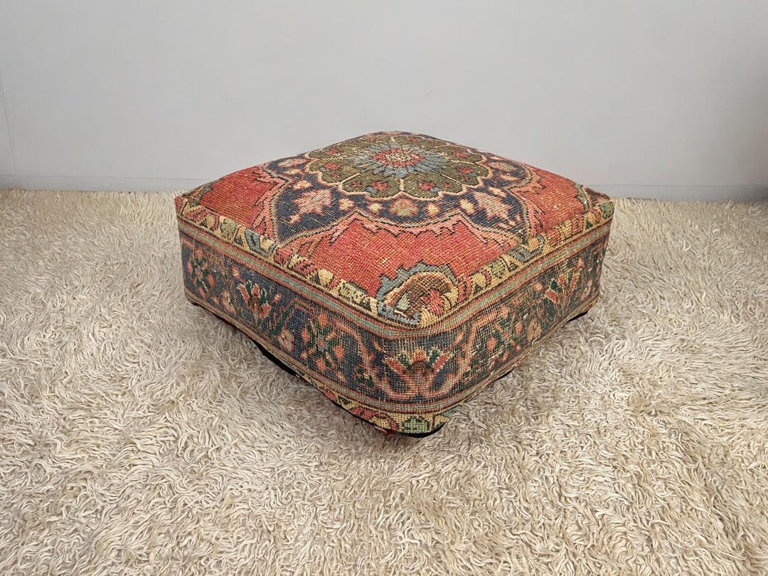 Turkish Pouf 24x24x8, Vintage Kilim Pouf, Square Poof, Moroccan Kilim ...