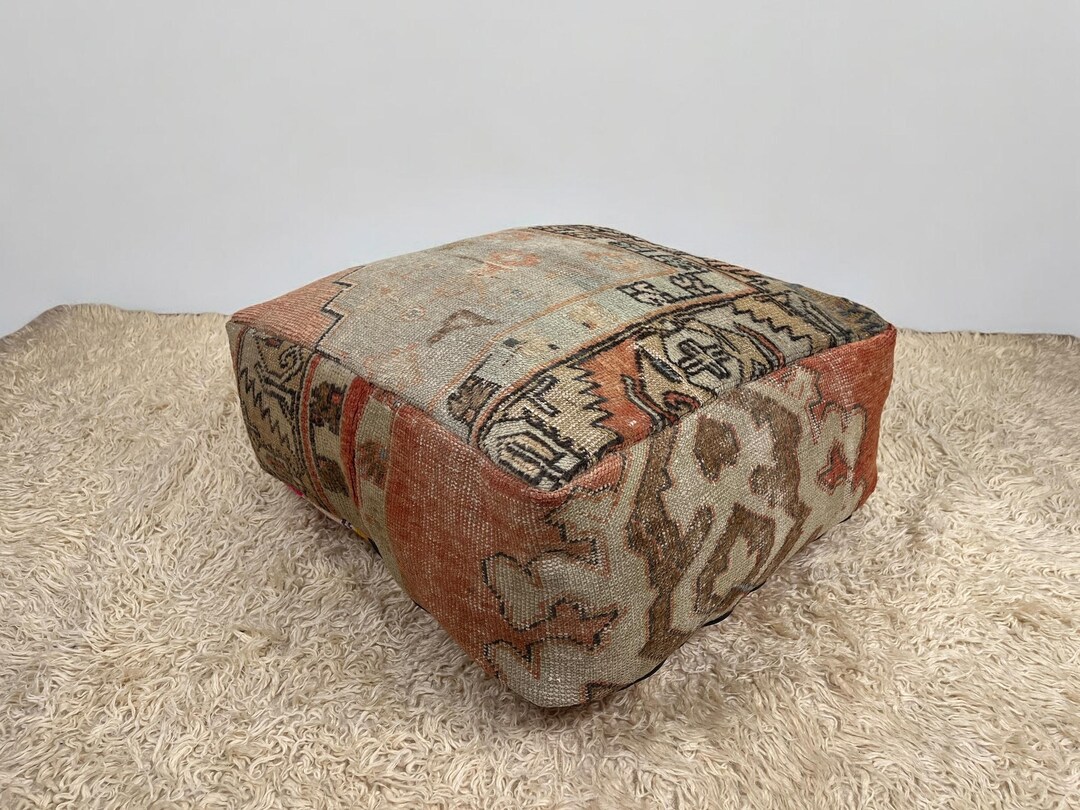 Turkish Pouf 24x24x8, Vintage Kilim Pouf, Square Poof, Moroccan Kilim ...