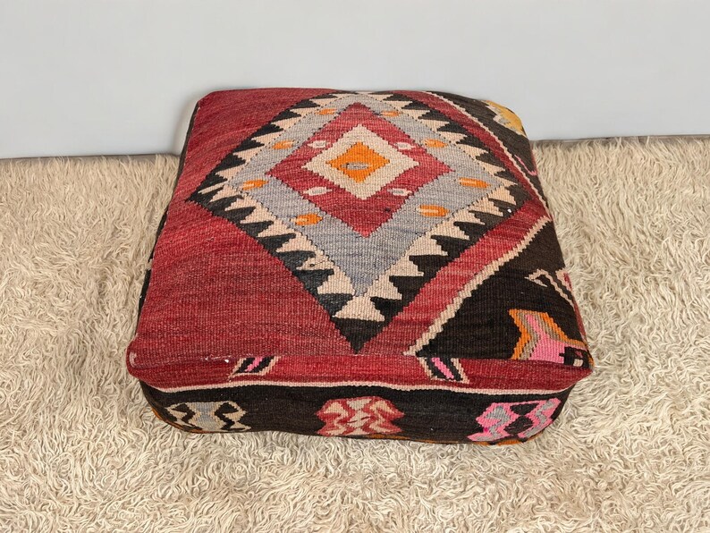 Turkish Pouf 24x24x8, Vintage Kilim Pouf, Square Poof, Moroccan Kilim ...