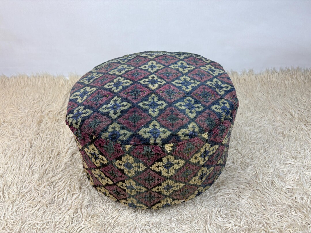 Round Turkish Pouf 20x20x8, Vintage Ottoman, Meditation Cushion ...