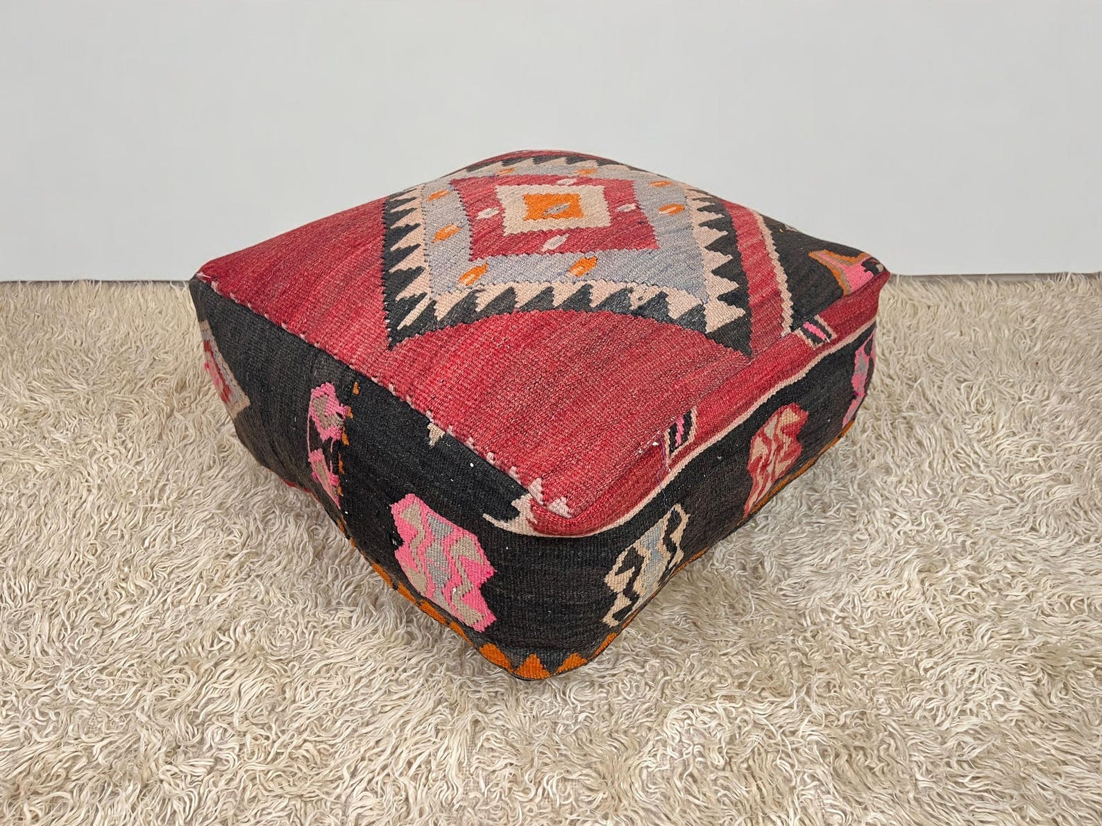 Turkish Pouf 24x24x8, Vintage Kilim Pouf, Square Poof, Moroccan Kilim ...
