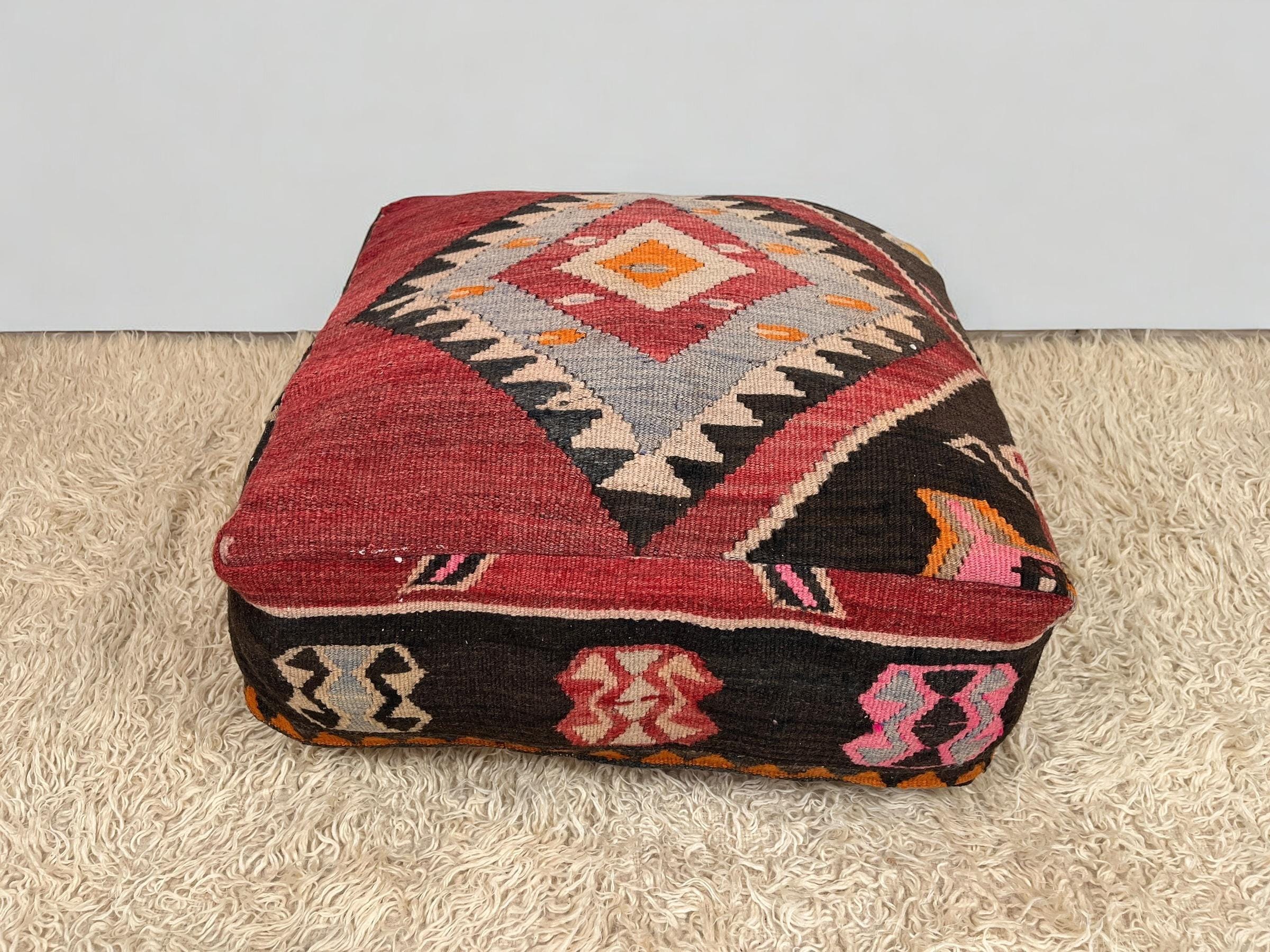 Turkish Pouf 24x24x8, Vintage Kilim Pouf, Square Poof, Moroccan Kilim ...