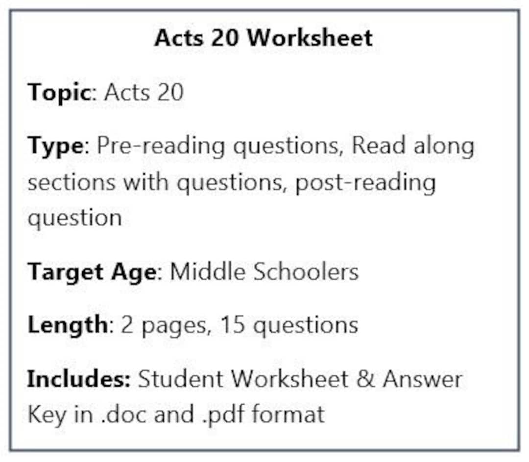 Bible Worksheets: Acts 20 Student Worksheet & Answer Key Christian ...