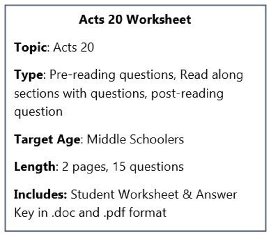 Bible Worksheets: Acts 20 Student Worksheet & Answer Key Christian ...