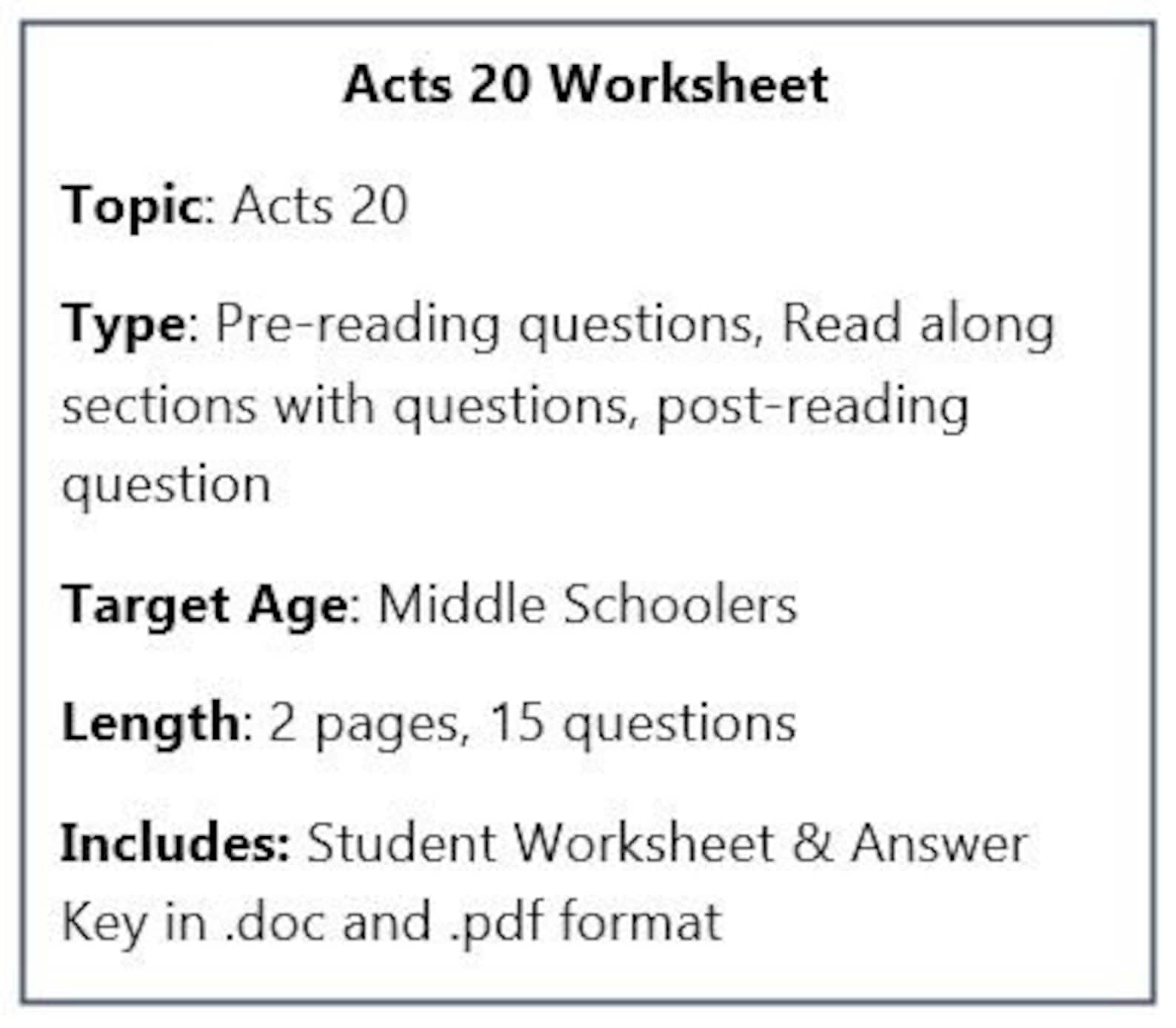 Bible Worksheets: Acts 20 Student Worksheet & Answer Key - Etsy