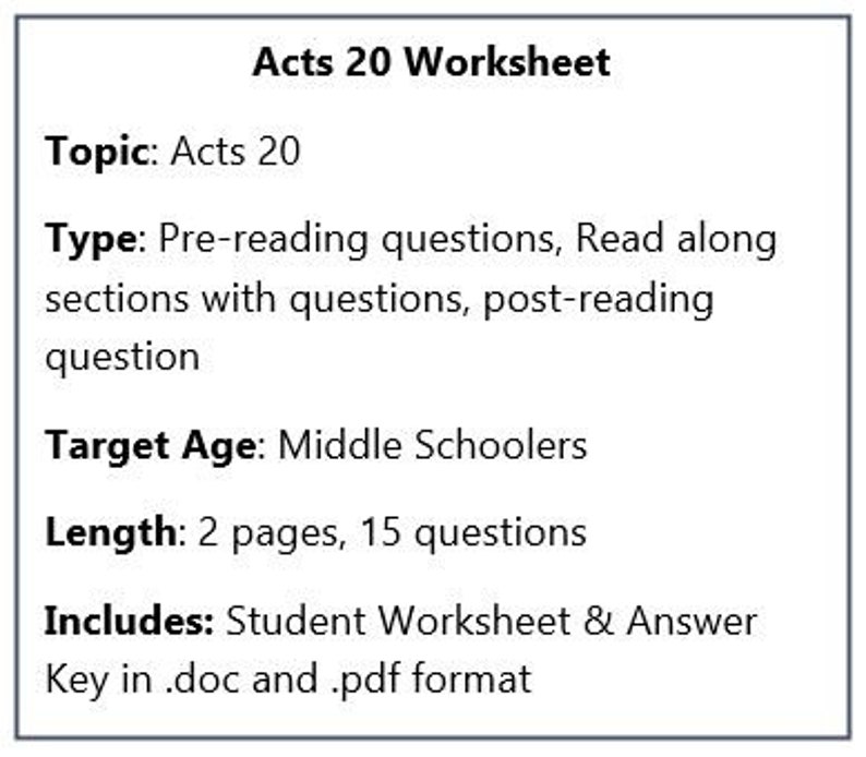 Bible Worksheets: Acts 20 Student Worksheet & Answer Key Christian ...