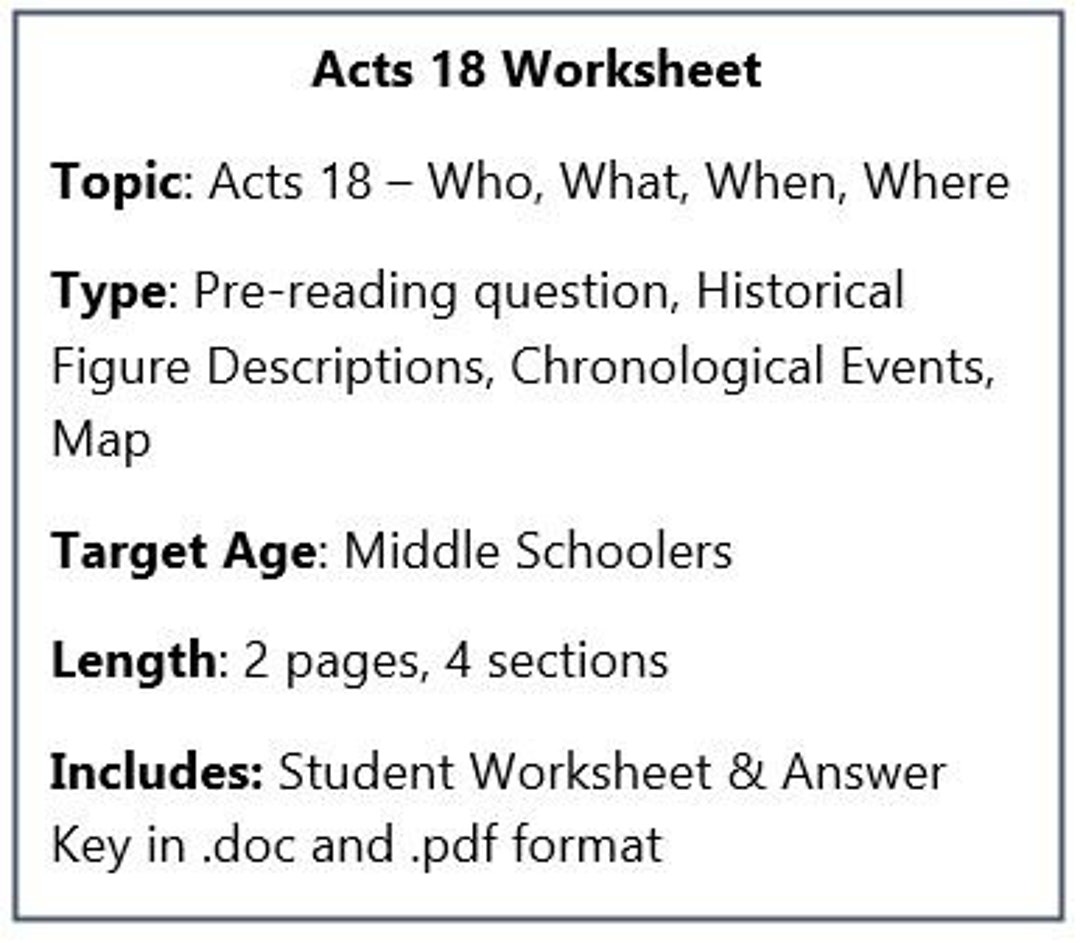 Bible Worksheets: Acts 18 Student Worksheet & Answer Key Christian ...