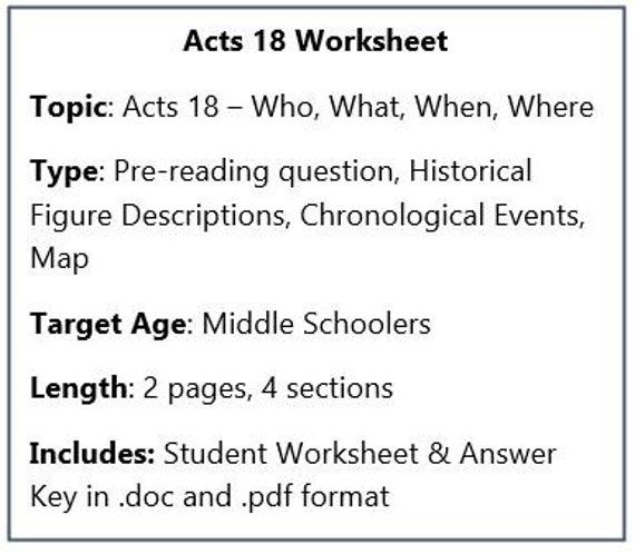 Bible Worksheets: Acts 18 Student Worksheet & Answer Key | Etsy