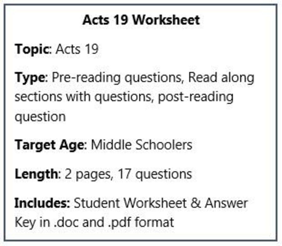 Bible Worksheets: Acts 19 Student Worksheet & Answer Key Christian ...