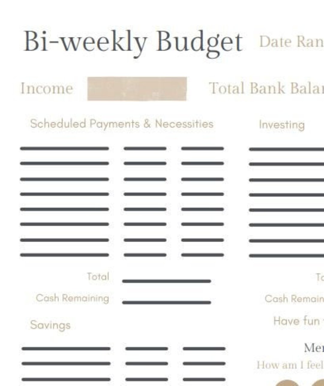 Printable Bi-weekly Budget Template With a Mental Well-being Check In ...