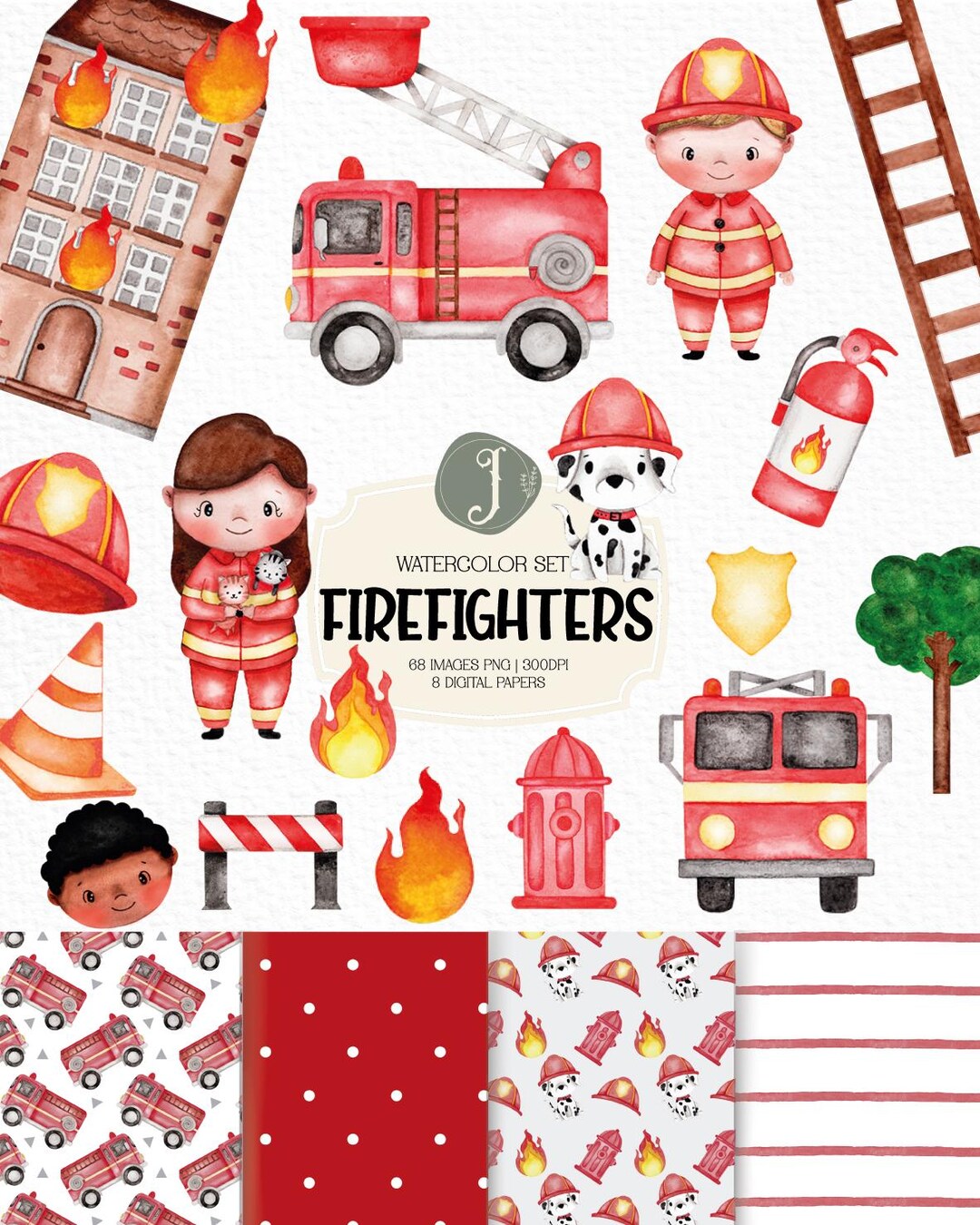 Firefighters, Kids Firefighter Cliparts, Seamless Digital Wallpapers ...