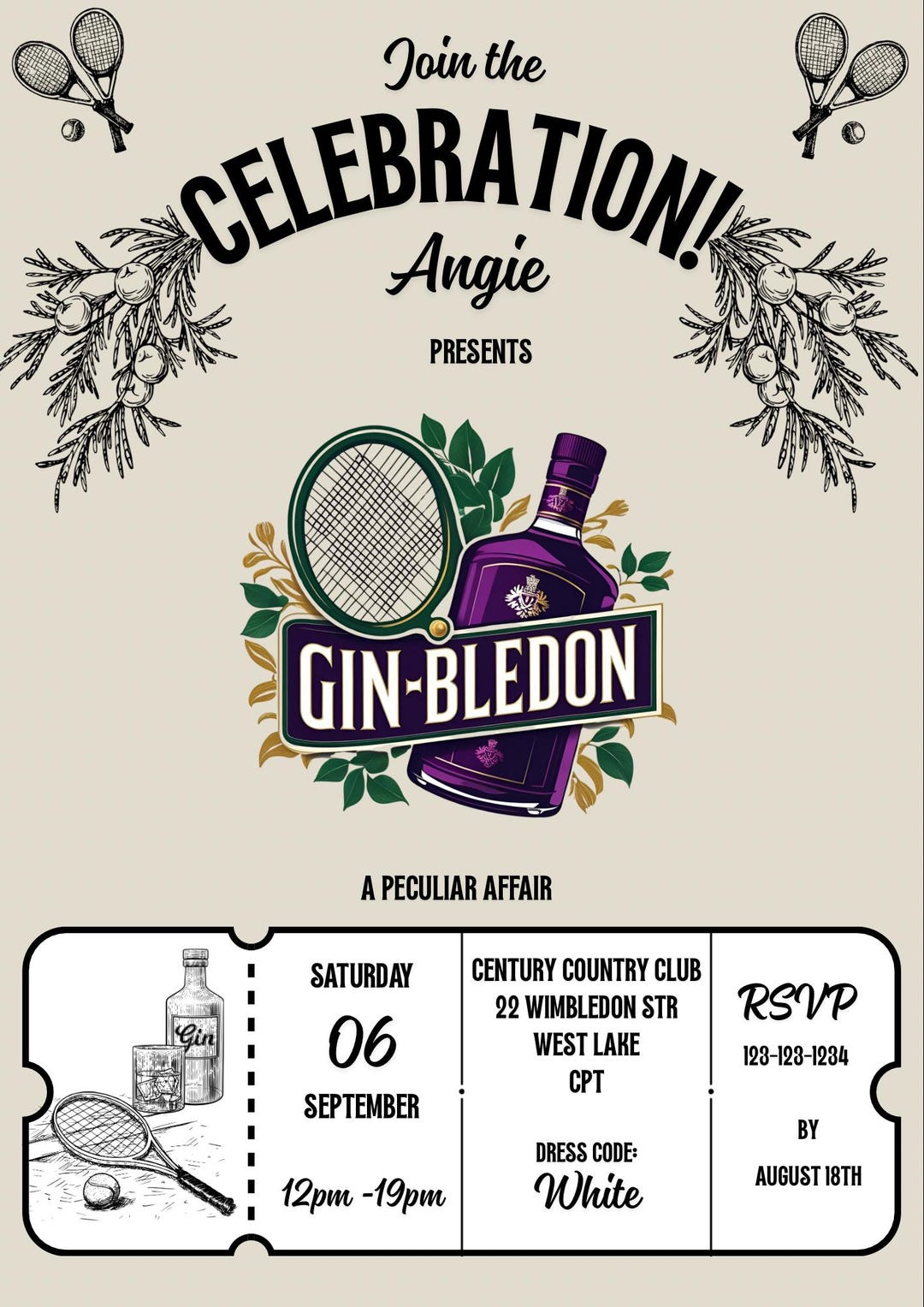 Gin, Tennis, Ginbledon, Birthday Invitation, Wimbledon, Padel, Party ...