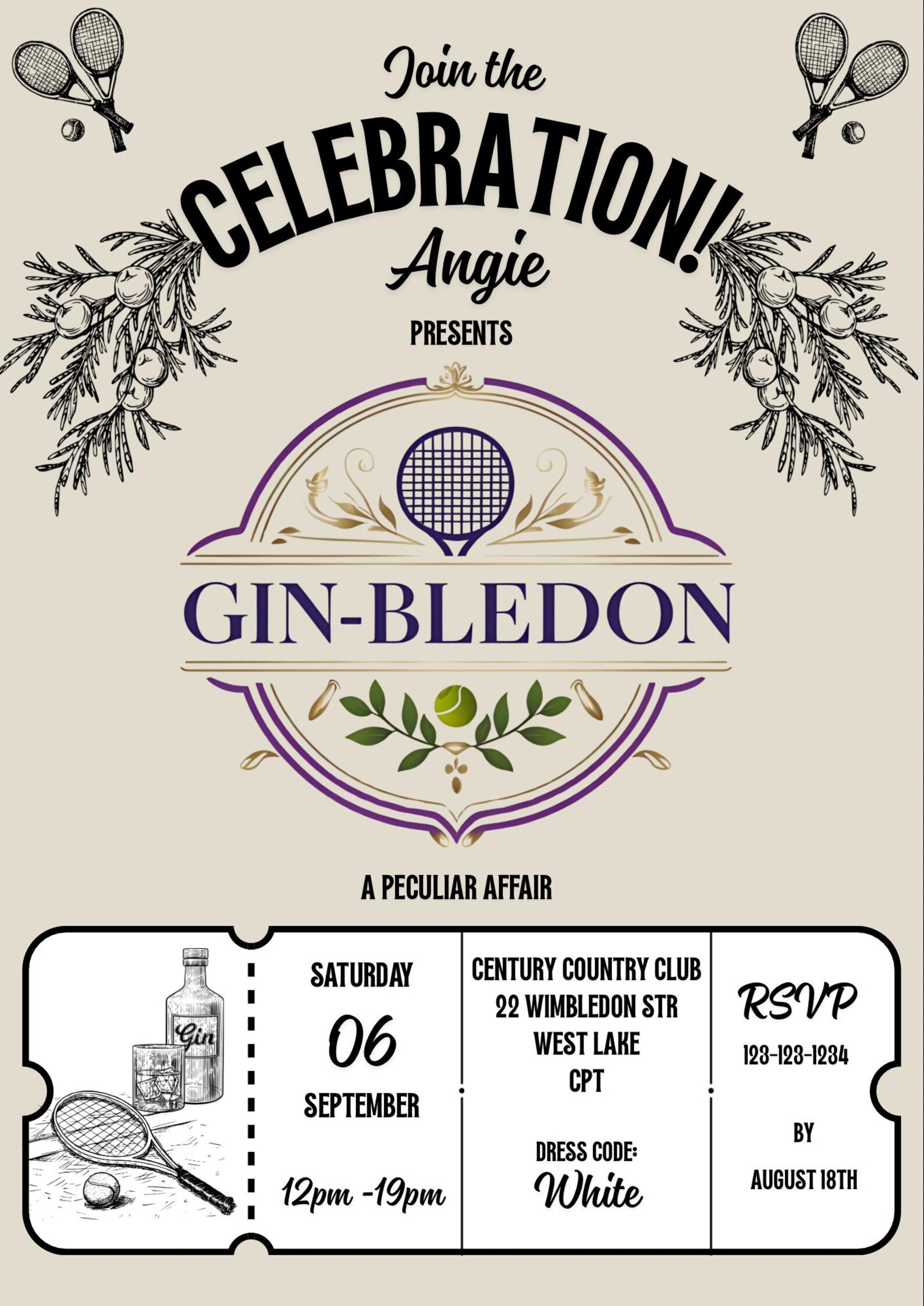 Gin, Tennis, Ginbledon, Birthday Invitation, Wimbledon, Padel, Party ...