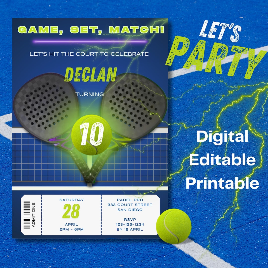 Padel Party, Padel Birthday Invitation, Tennis, Editable, Electronic ...