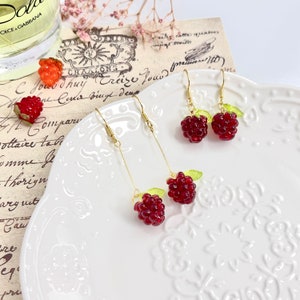 Cute Raspberry Earrings, 14K Gold Red Berry Earrings, Fruit Earrings ...