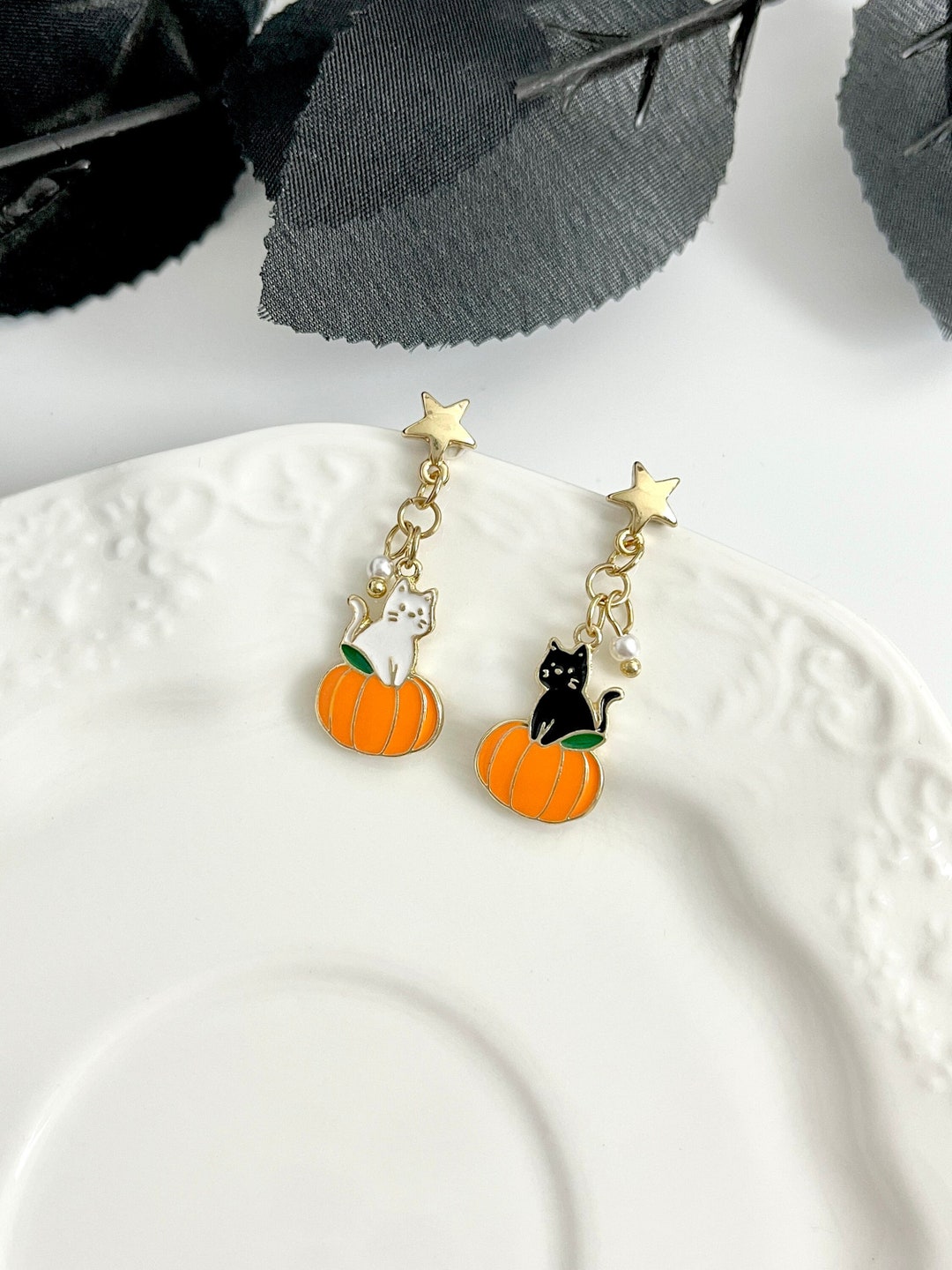 Halloween Mismatched Dangle Earrings, Cute Cats Earrings, Pumpkin ...