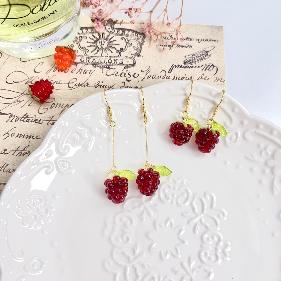 Cute Raspberry Earrings, 14K Gold Red Berry Earrings, Fruit Earrings ...