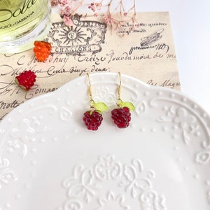 Cute Raspberry Earrings, 14K Gold Red Berry Earrings, Fruit Earrings ...