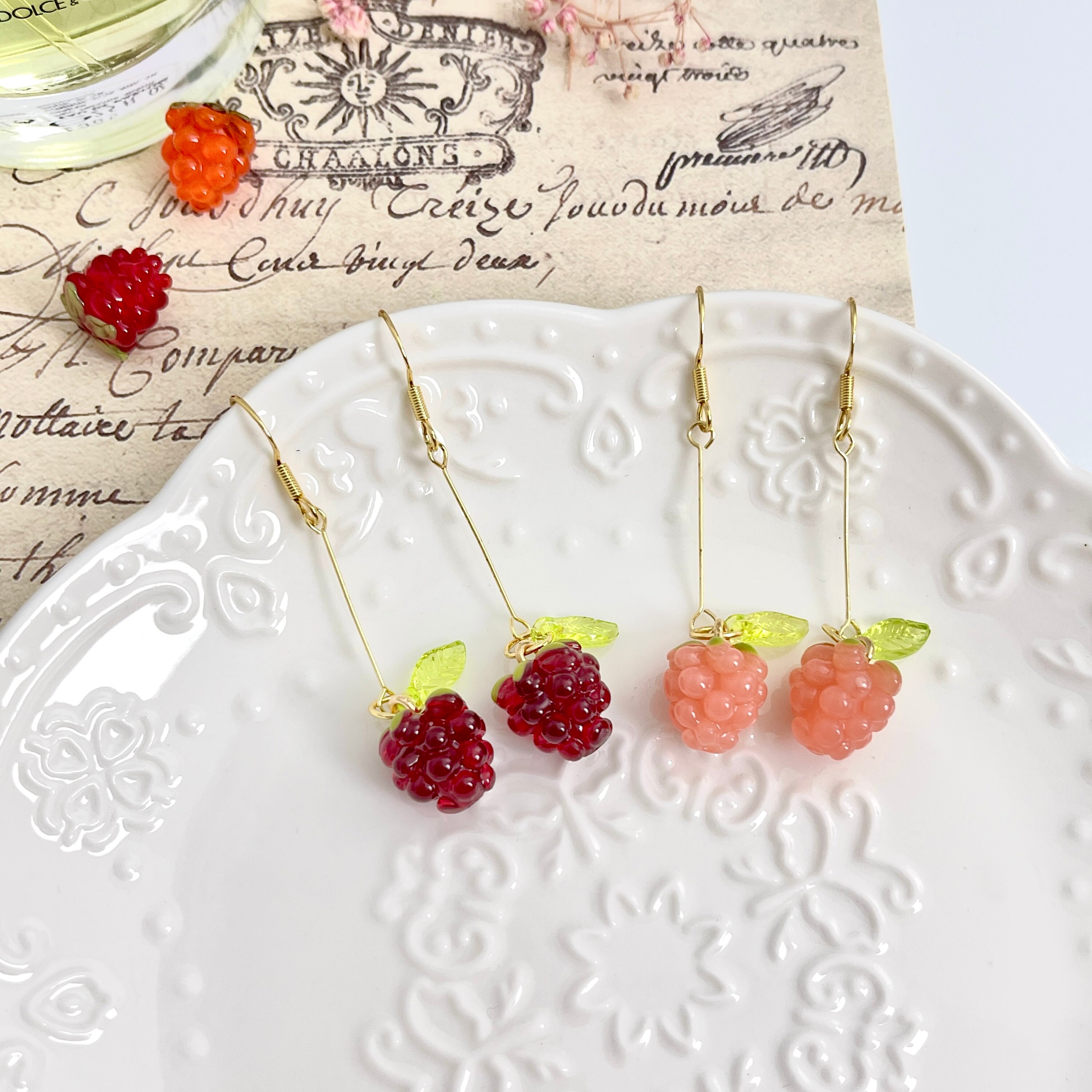 Cute Raspberry Earrings, 14K Gold Red Berry Earrings, Fruit Earrings ...